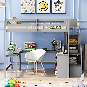 Harper & Bright Designs Full Loft Bed with Desk and Storage Shelves, Wood Full Size Loft Bed with Storage Staircase, High Loft Bed Full with Slat Support for Kids, Boys,Girls,Teens, Adults, Grey