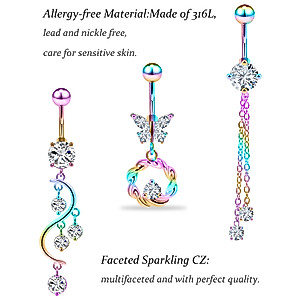 Vsnnsns 14G Belly Button Rings Belly Rings for Women Stainless Steel Butterfly Belly Piercing Jewelry Surgical Steel Dangle Belly Button Rings Curved Navel Ring Barbell Body Jewelry Piercing Rainbow