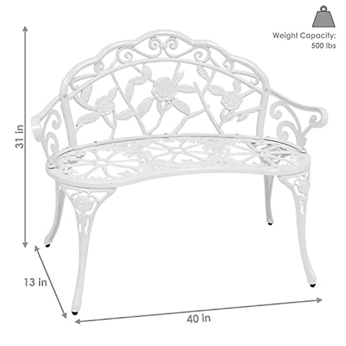 Sunnydaze 2-Person Classic Rose Cast Aluminum White Outdoor Garden Bench