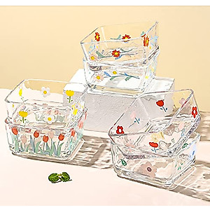 yaocoral 2 Pack 9 OZ Mini Floral Candy Dish Small Glass Candy Bowl for Dessert,Snack,Fruit,Yogurt,Dipping,Side Dishes,Kitchen Prep,Clear Square Serving Bowls