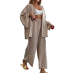 Asskdan Womens 2 Piece Outfits Lounge Sets Linen High Waisted Pants Oversized Cardigan (x_l, Apricot)
