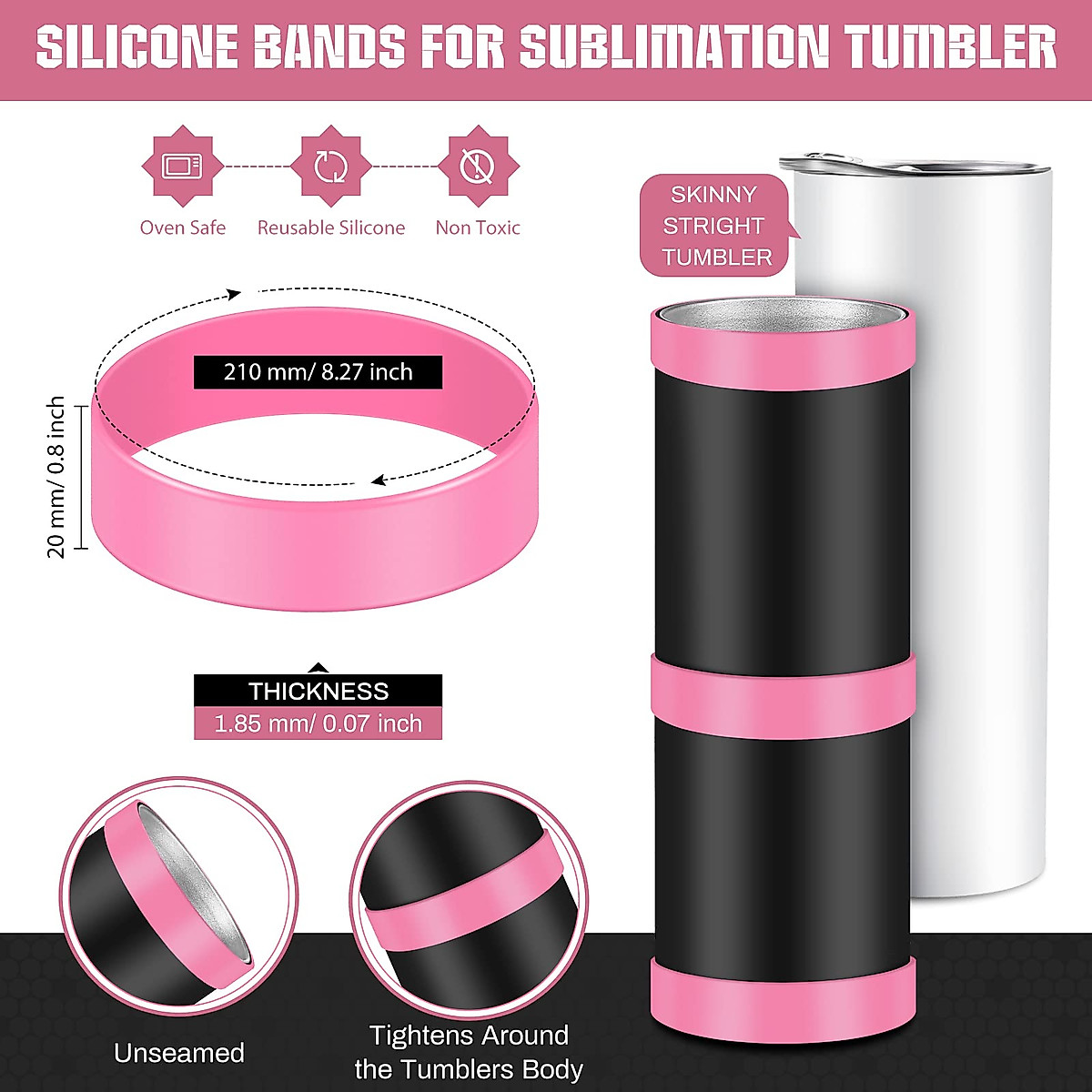 6 Pack Silicone Bands for Sublimation Tumbler Sublimation Silicone Bands Rubber Bands Elastic Sublimation Paper Holder Water Bottle Bands for Wrapping Cups Reducing Ghosting Art DIY (Pink, 8.27 Inch)