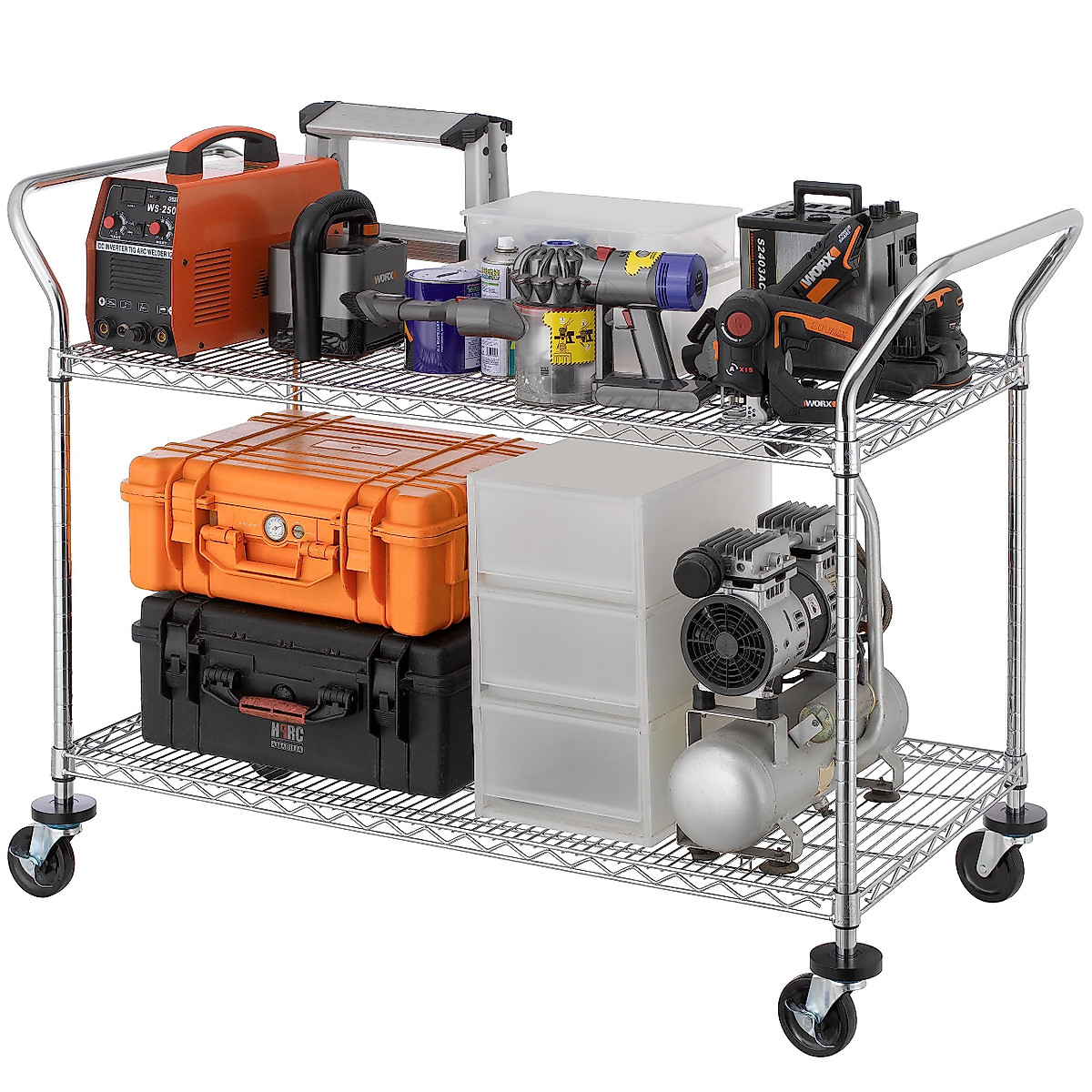 Finnhomy 2-Tier Commercial Grade Rolling Cart, Heavy Duty Utility Cart, Carts with Wheels and Handles, Kitchen Cart on Wheels, Metal Serving Cart with 700 lbs Capacity, Shelf Size 24" D x 48" W, NSF