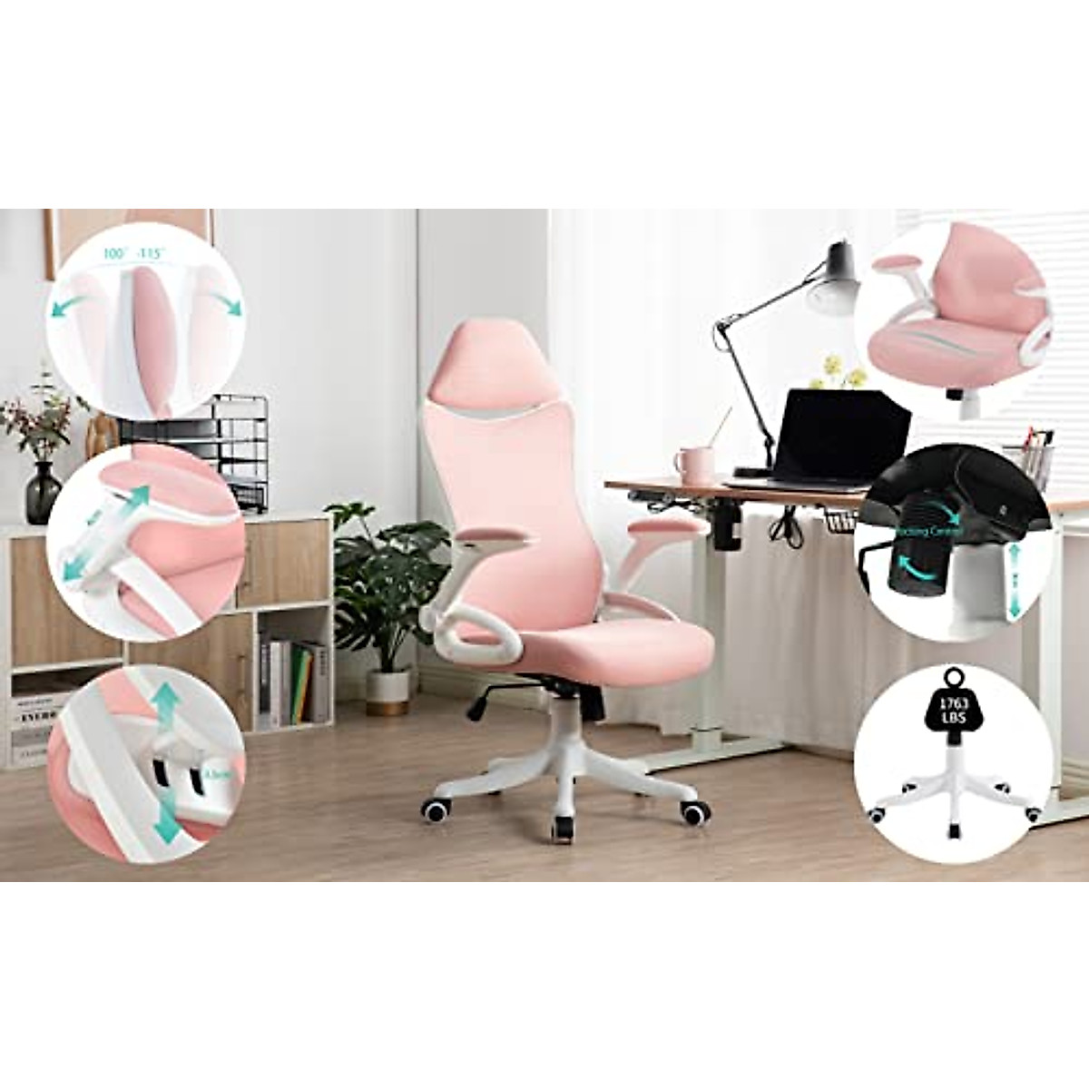 CEMKAR Ergonomic Office Chair, Home Office Desk Chairs with Thickened Cushion Waist Support and Adjustable Headrest Flip Arm, Metal Base Adjustable Mesh Swivel Designer High Back Office Chair (Pink)