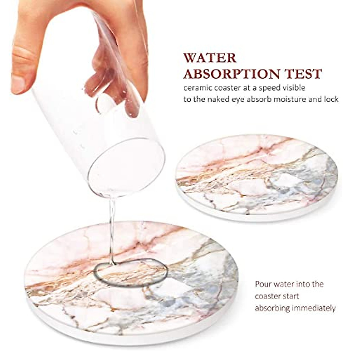 Britimes Coasters for Drinks Absorbent with Metal Holder Stand, Ceramic Stone Coaster Sets of 6, Marble Style Coaster for Coffee Wooden Table, Housewarming Gift Pink