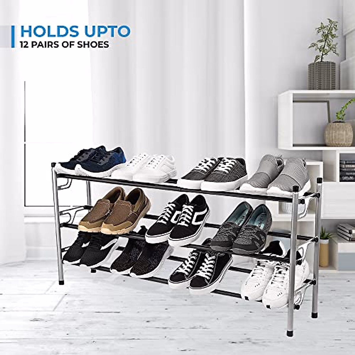 USTECH 3 Tier Adjustable, Expandable Shoe Rack Storage Organizer | Portable, Large, Free Standing Closet Shelf for Bedroom and Entryway | Metal Shoe Shelf for Kids and Adults | 12 Pairs of Shoes
