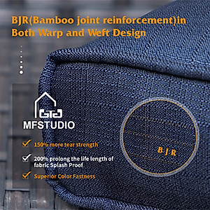 MFSTUDIO 8 Pieces Patio Furniture Set with 45" Plate Embossing Propane Fire Table,Outdoor PE Rattan Sectional Sofa Gas Pit Conversation Blue Cushions & Glass Table