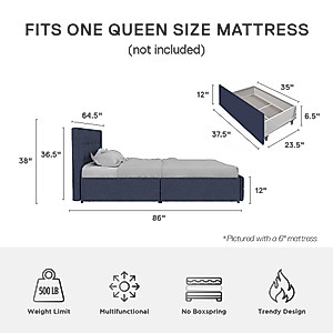 DHP Rose Upholstered Platform Bed with Underbed Storage Drawers and Button Tufted Headboard and Footboard, No Box Spring Needed, Queen, Blue Linen
