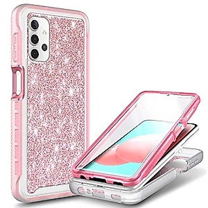 NZND Case for Samsung Galaxy A32 5G with [Built-in Screen Protector], Full-Body Protective Shockproof Rugged Bumper Cover, Impact Resist Durable Phone Case (Glitter Rose Gold)