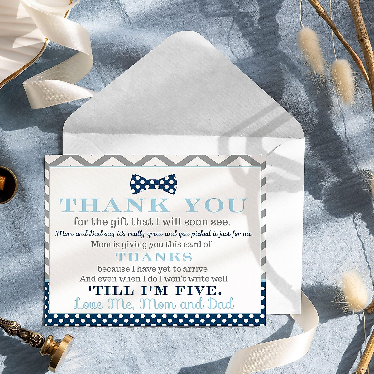 Paper Clever Party 25 Bow Tie Baby Thank You Cards Pack – Boys Baby Shower Notes with Envelopes, Prefilled Message, Customizable Blank Stationery, Adventure Theme, New Parents Gift Ideas