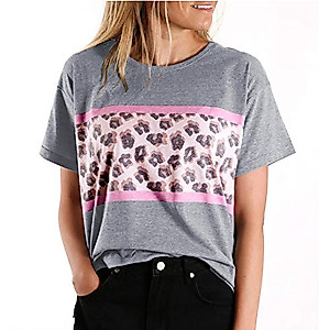 Bravetoshop Women Summer T Shirts Short Sleeve Crewneck Basic Tees Leopard Patchwork Casual Blouse Tops (Gray,S)