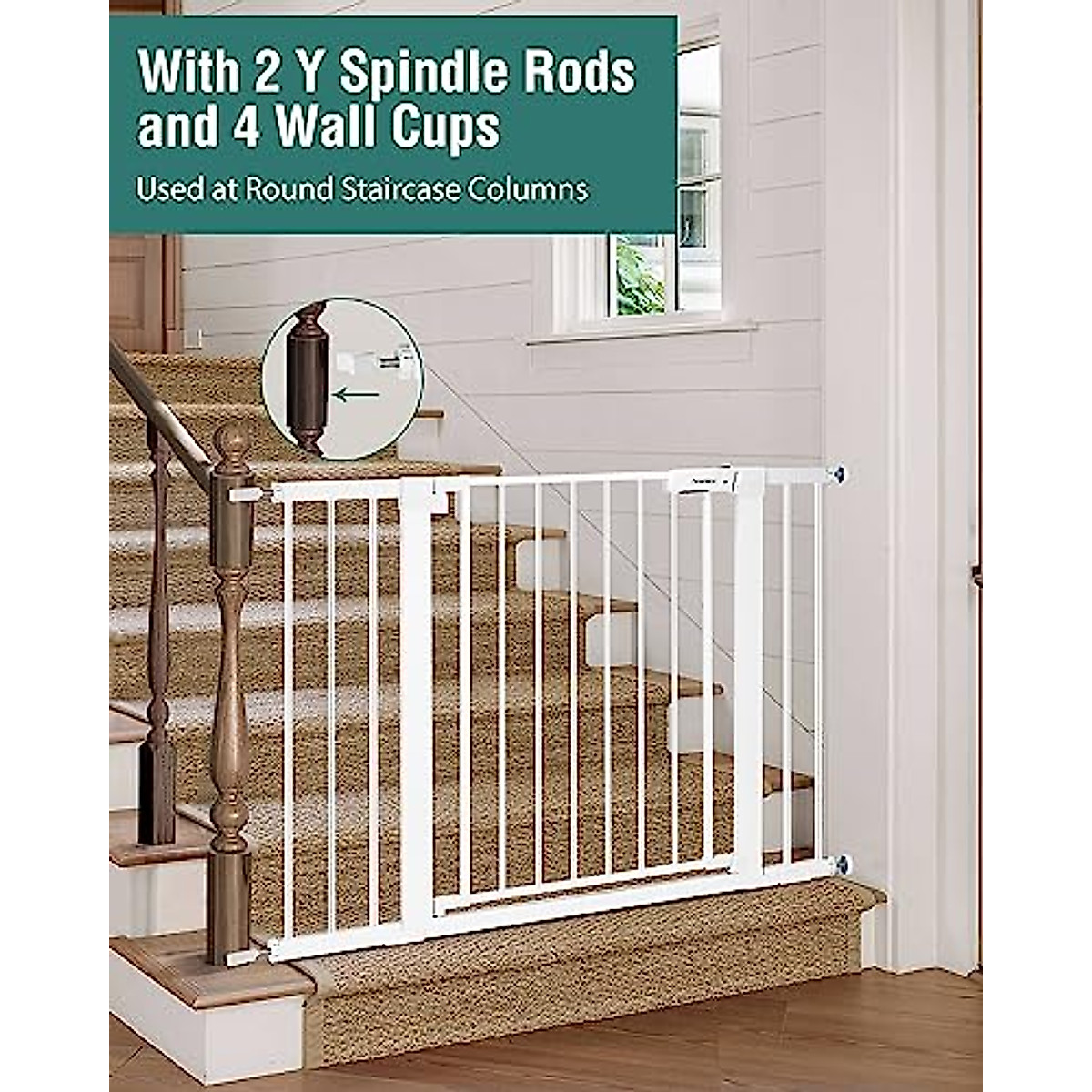 Newnice 29.7"-46" Safety Baby Gate for Stairs, Auto Close Pressure Mounted Easy Walk Thru Dog Pet Gate for The House, Doorways, Extra Wide Child Gates for Kids Toddler, White