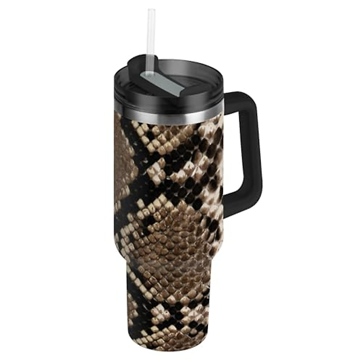 Yasala Car Tumbler with Handle Fancy Snakeskin Brown Travel Mug Coffee Cup Insulated Beverage Container Mega Cup for Hot Cold Drinking Thermos Water Bottle Cupholder Friendly 40 oz