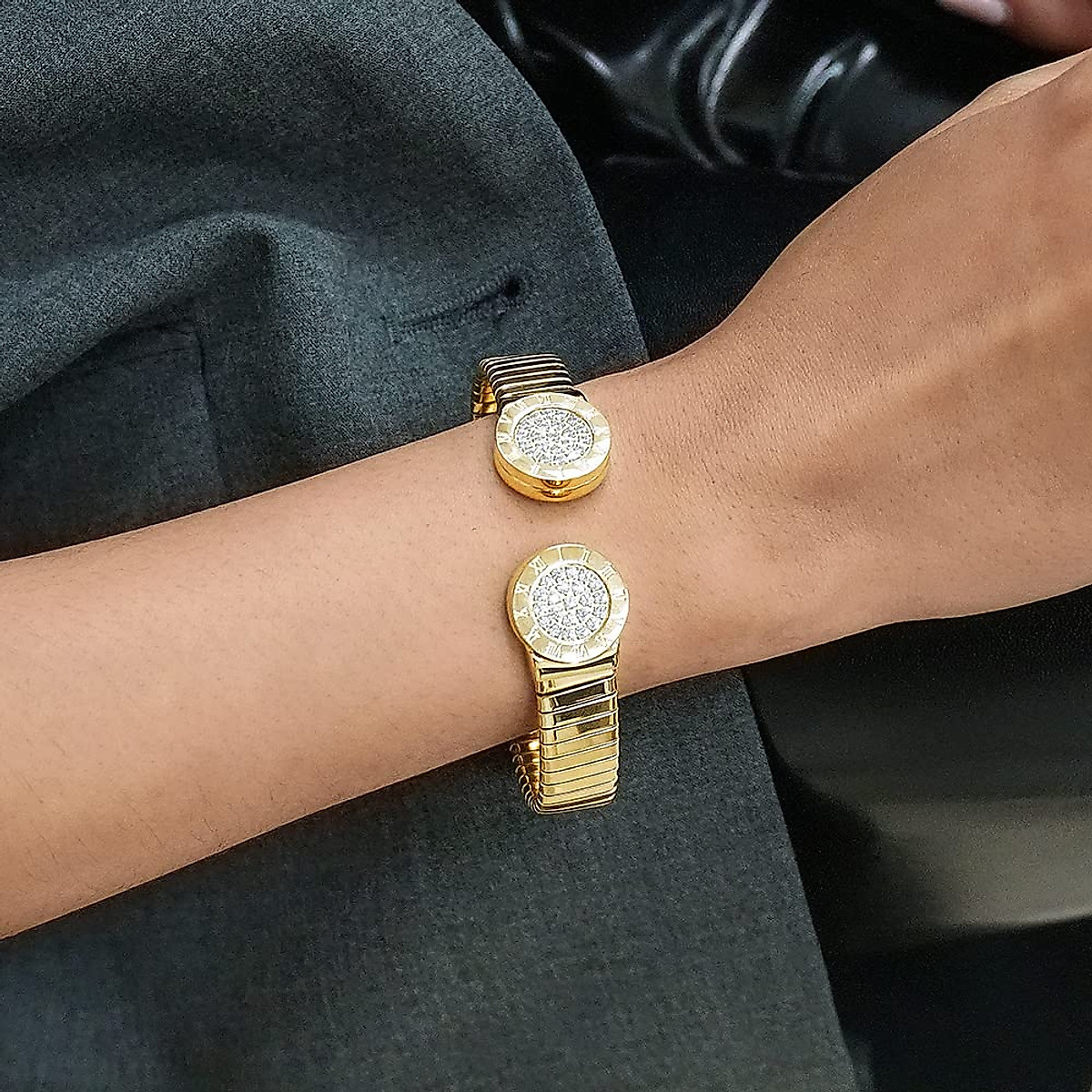 WISTIC Gold Roman Numerals Cuff Bracelets for Women Wide Soft Elastic Stainless Steel Bangle for Men and Unisex adults Gift Fashion Jewelry