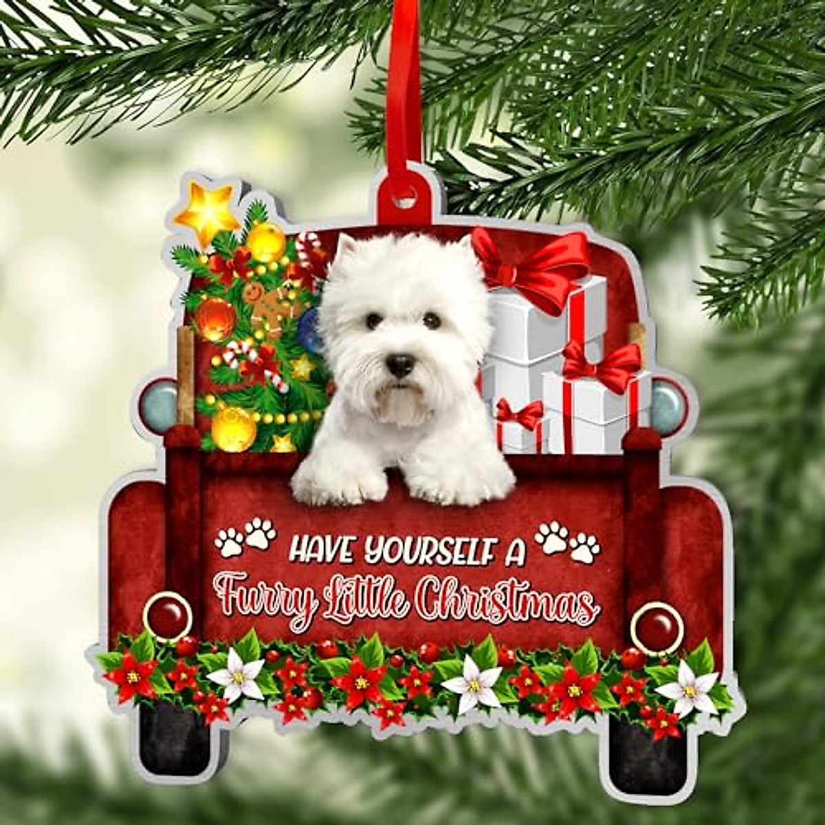 West Highland White Terrier Dog Ornaments Christmas Tree, Westie Dog Red Truck Car Aluminum Ornament (NOT 3D), Christmas Decoration 2023 for Westie Dog Lovers, Dog Mom, Dog Dad, Pet Lovers