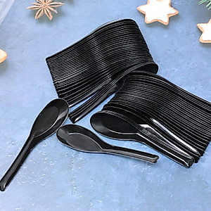 Honbay 60PCS Disposable Plastic Soup Spoon, White Translucent Dinner Spoon, Asian Soup Spoons for Egg Custard, Pudding, Oatmeal, Stews, Ramen, Pho, etc (Black)