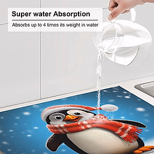 Christmas Funny Penguin Dish Drying Mat for Kitchen 18x24 inch Dish Drying Mats Super Absorbent Drying Mat for Kitchen Counter Drainer Mat Non-slip Coffee Mat Easy to Clean Kitchen Drying Mat