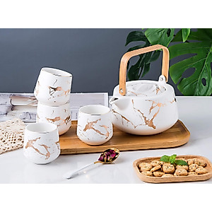 Jusalpha Marble Porcelain Teapot Set, Modern Japanese Tea Pot with Infuser for Loose Tea (40 OZ), 4-Piece Tea Cups (6.7 OZ) with Bamboo Tray - Tea Cups Set for Home and Restaurant, FDJPT4 (White)