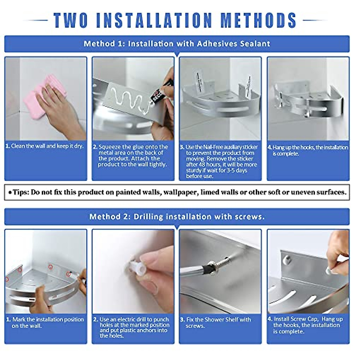 pentaQ 2 Pack Corner Shower Shelves with 8 Removable Hooks, No Drilling Adhesive Wall Mounted Aluminum Bathroom Shelf, Corner Shower Caddy Shelf Basket Shampoo Holder Organizer