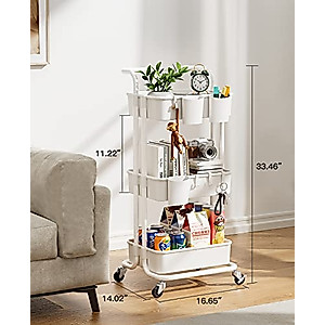 Pipishell 3-Tier Rolling Cart with Wheels - Rolling Storage Cart with Hanging Cups & Hooks - Mobile Utility Cart for Office, Kitchen, Craft Room - Art & Craft Organizer (White, PIUC06W)"