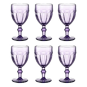 EAST CREEK | Set of 6 Colored Glass Goblets | Vintage Drinking Glasses Set of 6 | 8.5 oz Embossed Design | Drinking Glass with Stem | Wedding Glass (Violet)