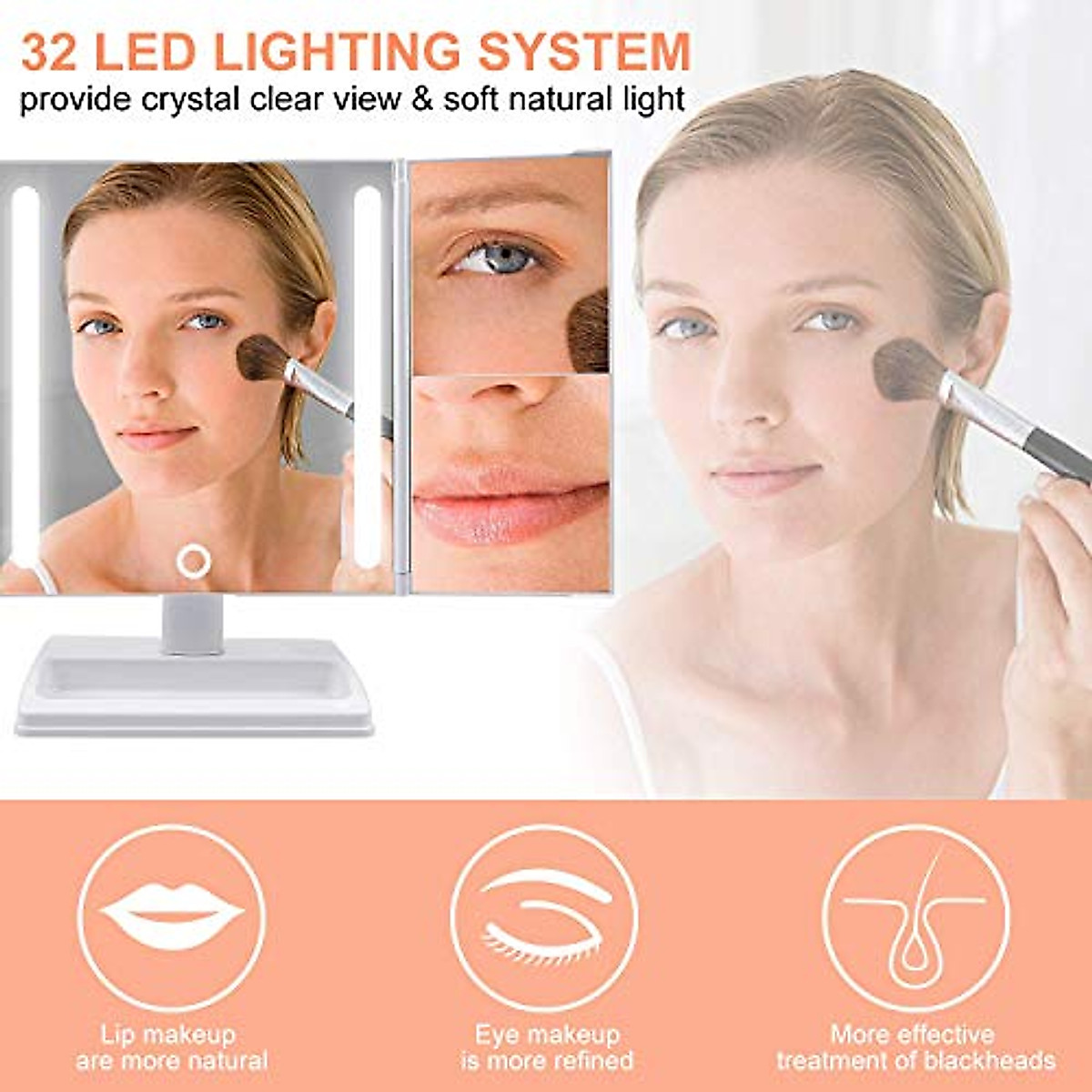 KXA Tri-Fold Makeup Mirror, Light Up Mirror/LED Lighted Make-Up Mirror 2 X 3X Magnifying Illuminated Cosmetic Mirror with LED Lights Desk Free Standing