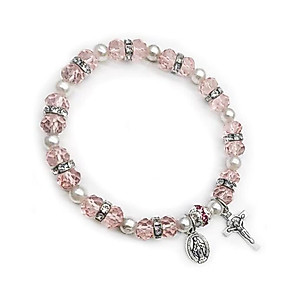 Crystal Cross Bracelet Elastic Beads Stretch Rosary Bracelet with Crucifix and Miraculous Medal for Women
