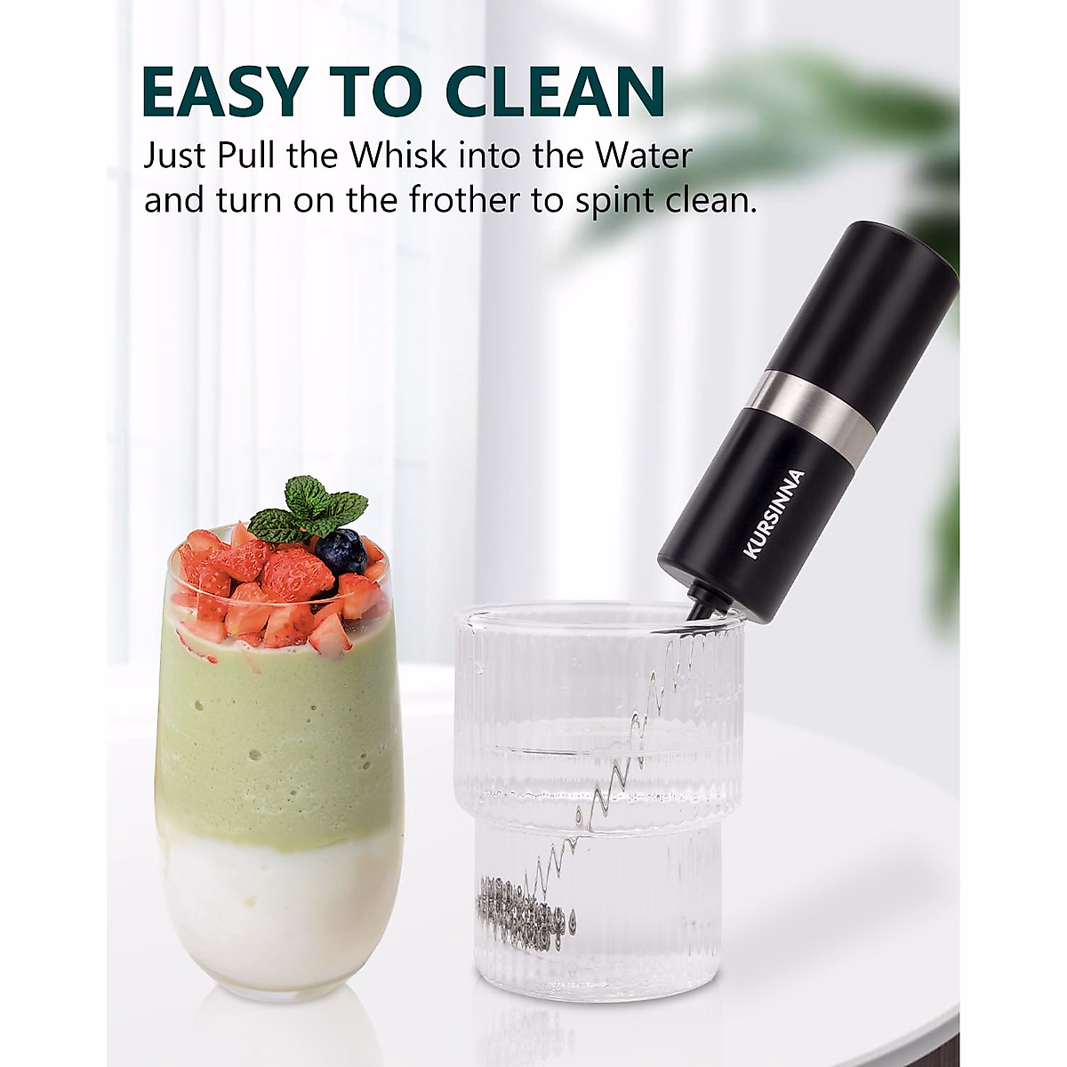 KURSINNA Powerful Milk Frother Handheld Battery Operated, Double Whisk Foam Frother Maker with Stainless Steel Stand, Drink Mixer For Coffee, Lattes, Matcha, Cappuccino (13000RPM Battery Operated)