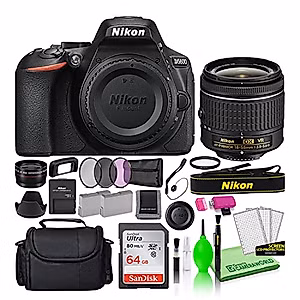 Nikon D5600 24.2MP DSLR Digital Camera with 18-55mm Lens (1576) Bundle Kit with 64GB Ultra SD Card + Large Camera Bag + Filter Kit + Spare Battery + Telephoto Lens + More