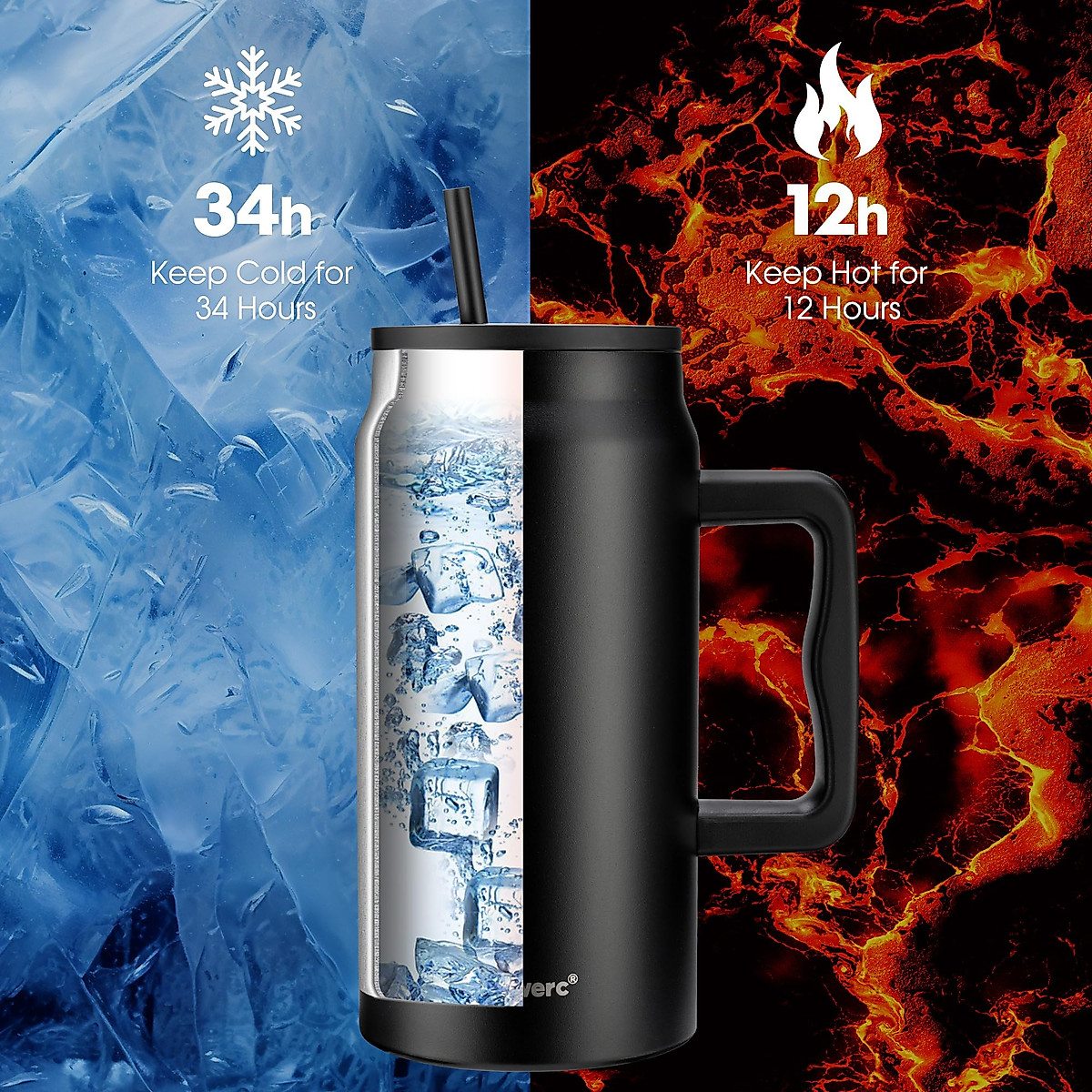 Skywerc 50 oz Tumbler with Handle, Vacuum Insulated Water Bottle with Lid and Straw, Stainless Steel Double Wall Travel Jug Coffee Mug, Keep Cold for 36H, 100% Leak-proof, Non-slip Base - Black