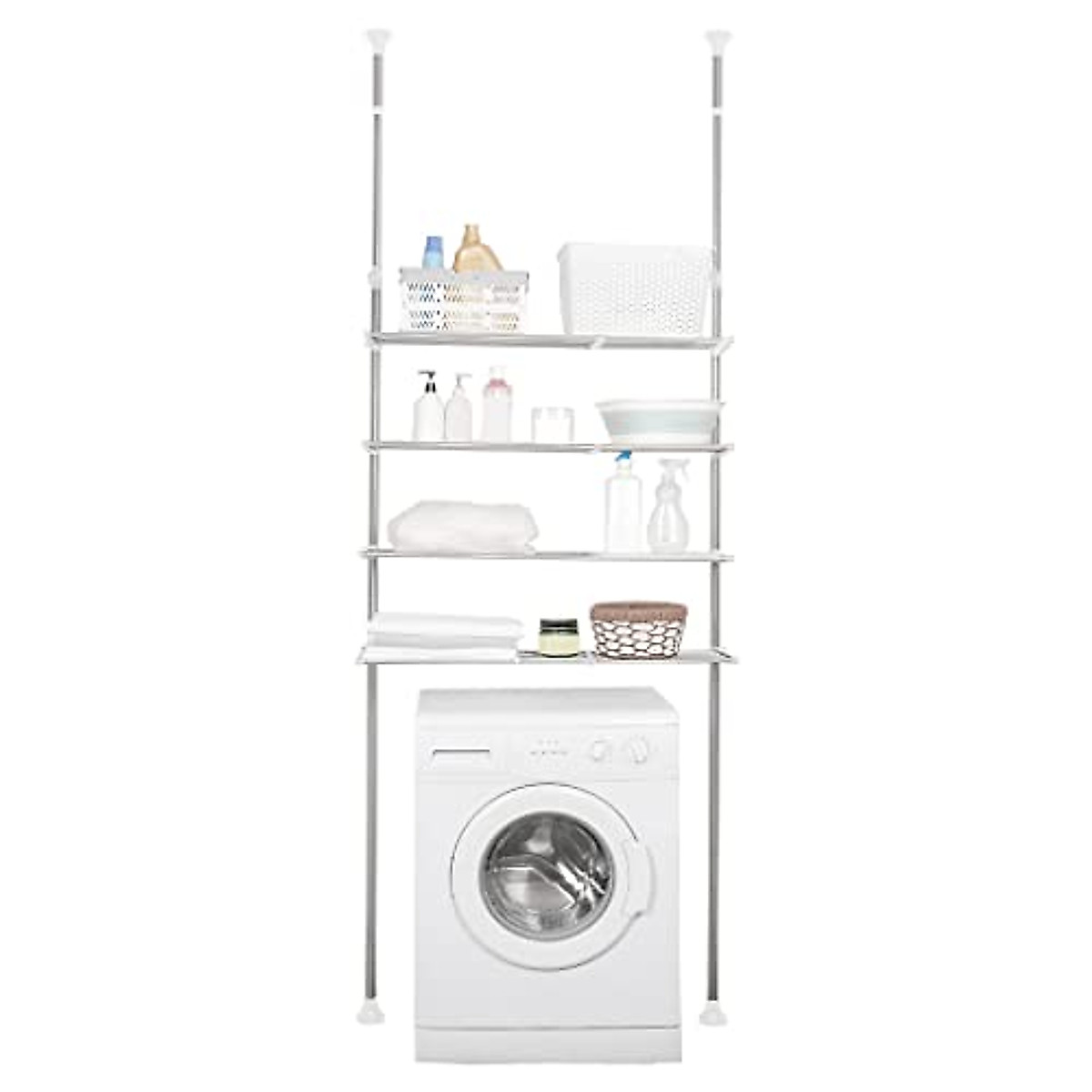 DAHOOMII Over The Washer and Dryer Storage Shelf Laundry Room Shelves Storage Laundry Organizer 4 Tie Adjustable Height Over Toilet with Hanging Rod and Side Hooks for Laundry Room, Bathroom White