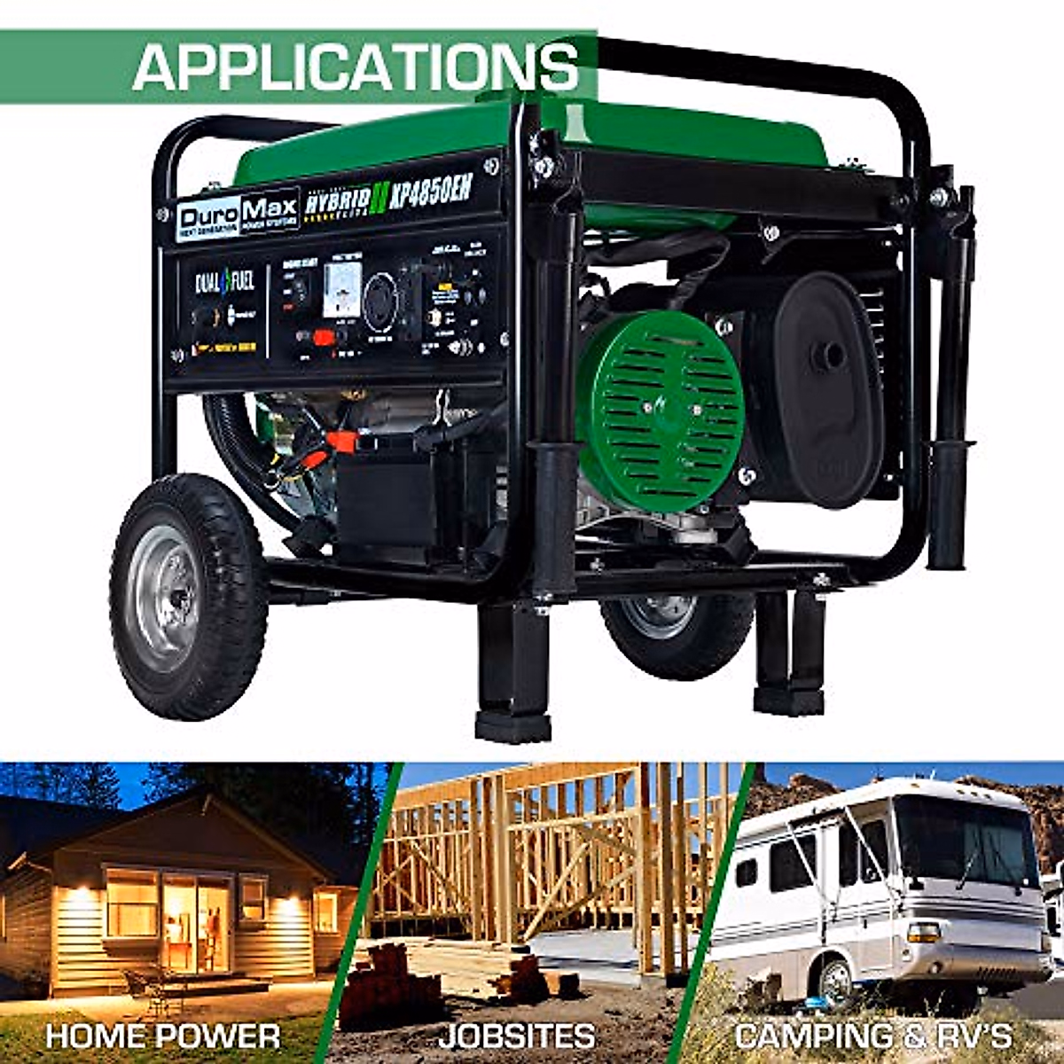 DuroMax XP4850EH Generator-4850 Watt Gas or Propane Powered-Electric Start-Camping & RV Ready, 50 State Approved Dual Fuel Portable Generator, Green