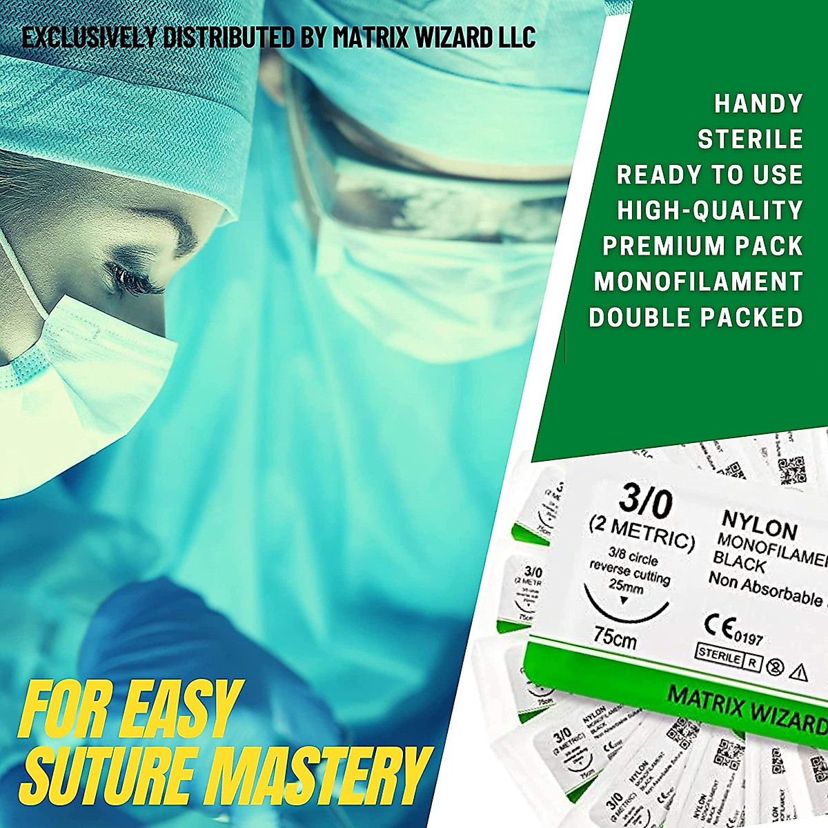 3-0 Sterile Sutures Thread with Needle (Black Monofilament) - Medical and Nursing Student's Surgical Practice Suture Kit, Training with Stitching Pad, First Aid Field Emergency Demo, Vet Use