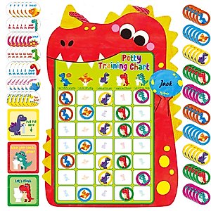 Magnetic Potty Training Chart, Dinosaur Reward Potty Training Chart with 50 Reusable Dinosaur Magnets plus 45 Stickers and a Storage Bag, Perfect for Boys & Girls, Multiple Toddlers (14.2” X 10”)