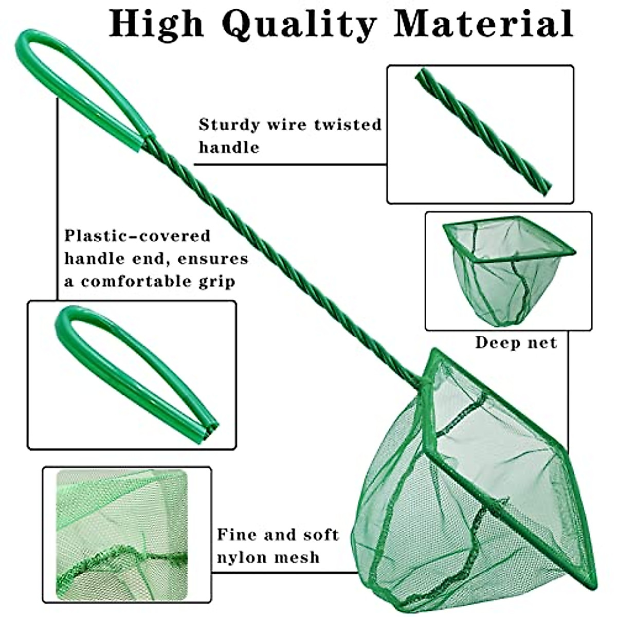 QXBXYHM 5 Pack Aquarium Fish Net, Multi-Size Fine Quick Fish Catch Nets Nylon Fishing Mesh Nets with Long Plastic Handle for Fish Tank - Green (3in, 4in, 5in, 6in, 6in)