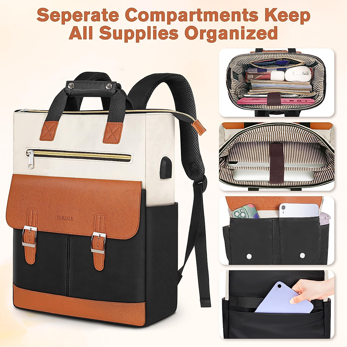 Convertible Tote Backpack Women, 15.6 Inch Slim Laptop Backpack Lightweight with USB Charging Port, Wide Top Open College School Bookbag Casual Elegant Daypack Computer Bag for Girls Ladies Students