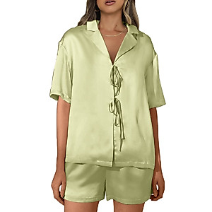 CHYRII Women's Silk Satin Pajamas Sets Tie Front Short Sleeve Tops and Shorts Two Piece Pj Sets Sleepwear Mint Green S
