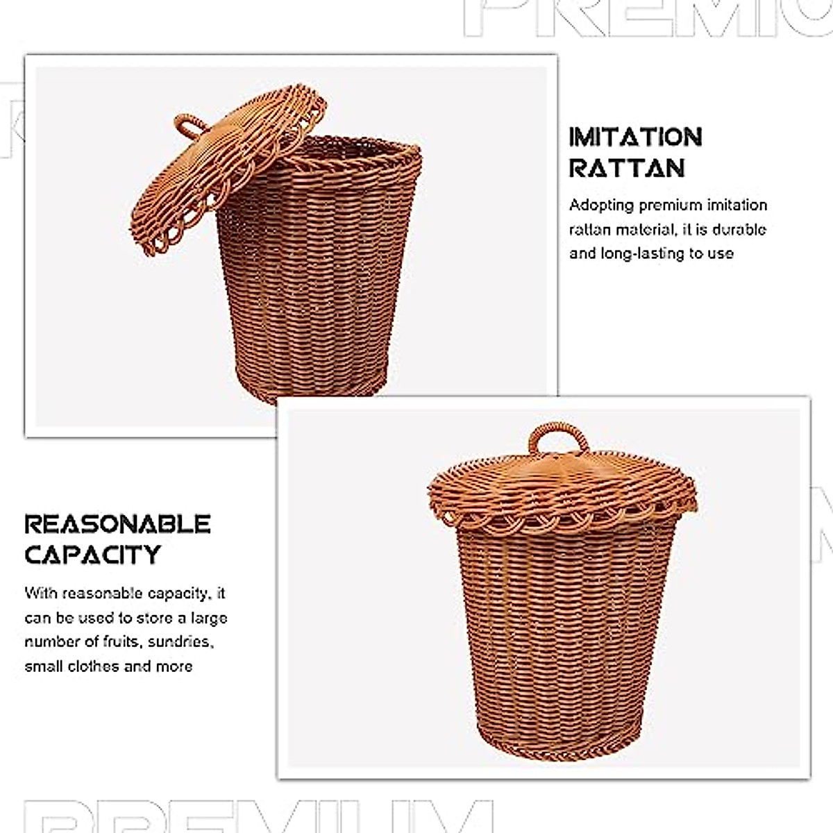 OUNONA Woven Storage Baskets with Lid: Round Wicker Waste Paper Basket Wastebasket Garbage Bin Trash Can for Bedroom Bathroom Kitchen Home Office