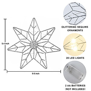YEAHOME Christmas Tree Topper, Lighted Hollow 7-Point Star Tree Topper, Wire Star for Christmas Treetop with 20 LED Lights Xmas Tree Topper for Christmas Tree Ornament Decoration, Silver Glittered