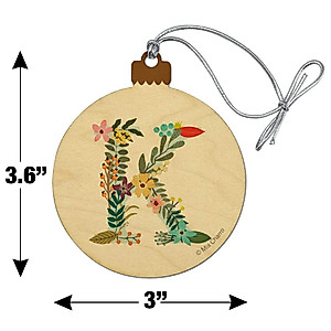 Letter K Floral Monogram Initial Wood Christmas Tree Holiday Ornament