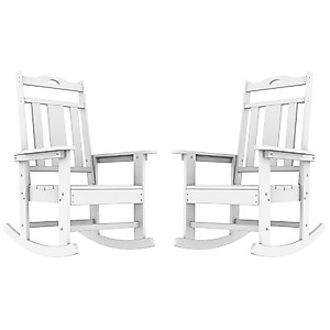 LOENIY HDPE Outdoor Rocking Chair Set of 2, All Weather Resistant Patio Rocker Chair with 350 lbs Heavy Duty, High Back Oversized Rocking Chair for Adult in Porch, Ergonomic Seat (White)