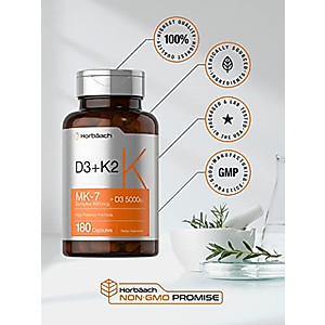 Vitamin K2 MK7 with D3 | 180 Capsules | 800 mcg Complex Plus MK4 | 5000 IU of D3 | Non-GMO, Gluten Free | Vitamin Supplement by Horbaach