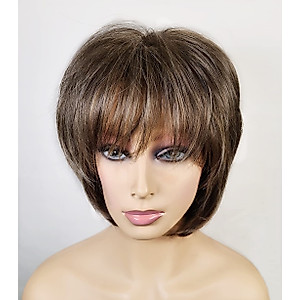LEDABAO Pixie Cuts Short Wigs with Bangs Dark Brown Mixed Blonde Highlight Wig for white women wig daily parties