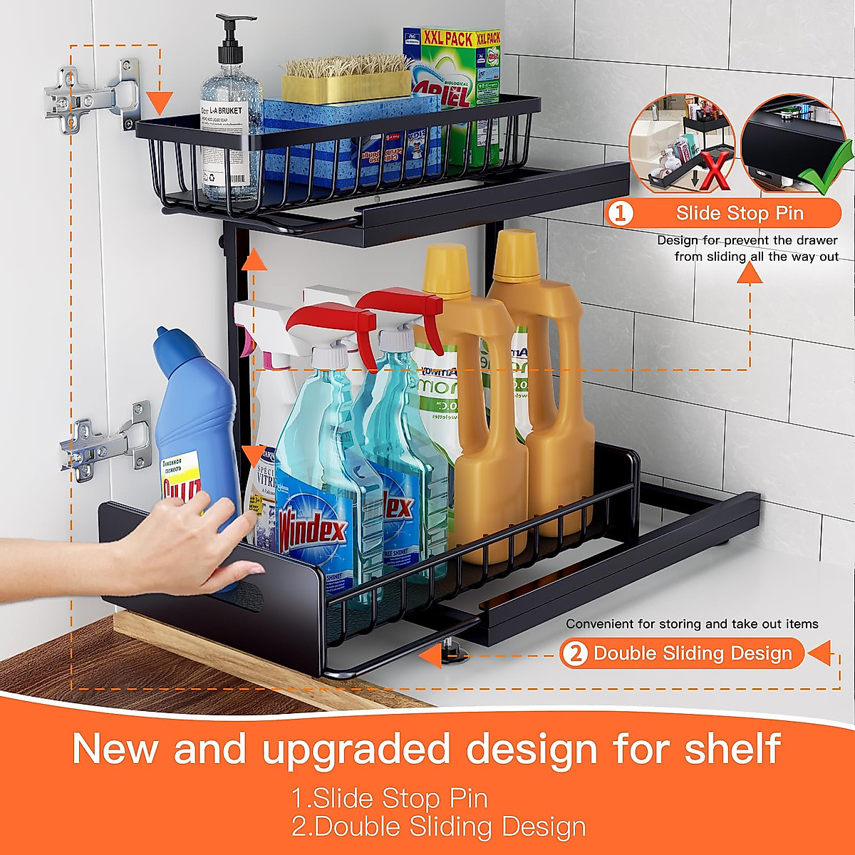 2 Packs Under Sink Organizer, 2 Tier Under Sink Organizers and Storage,Slide Out Pull Out Kitchen Cabinet Organizer,Sliding Drawer Metal Height Adjustable Shelf for Bathroom Organization Rack