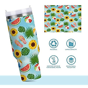 Burbuja Summer Pattern 40oz Insulated Tumblers with Handle and Straw Lid, Double Wall Stainless Steel Travel Mug Leak-Proof, BPA Free, Gift for Mom Dad