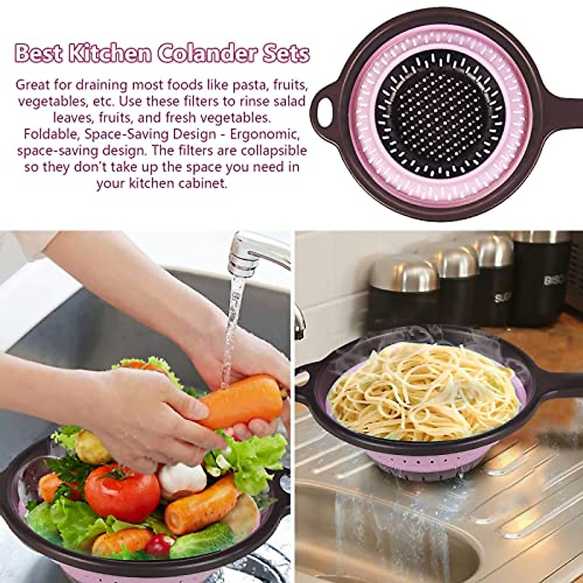 Esmartlife Silicone Colanders - 2 Collapsible Colanders (Strainers), Sizes9" - 3 Quart and 8" - 2Quart -Colander Strainer, Space-save Silicone Kitchen Foldable Food Strainer