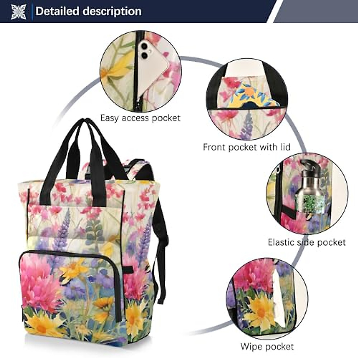 xigua Flowers and Butterfly Diaper Bag Backpack Multi Function Baby Changing Bags Waterproof Large Capacity Travel Back Pack for Mom Dad