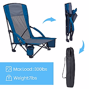 XGEAR High Back Low Seat Folding Beach Chair with Cup Holder and Carry Bag, Mesh Back Sand Chair for Beach, Lawn, Camping, Travel, Support Up to 300 lbs (1chair Blue)