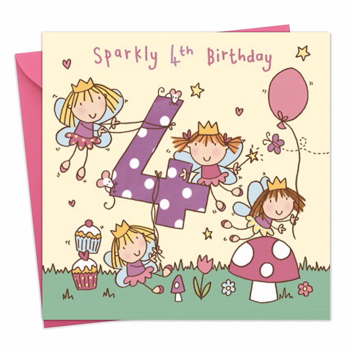TWIZLER Fairy Princess 4th Birthday Card, 6.1 x 6.1 in, Sparkly Theme, Envelope Included