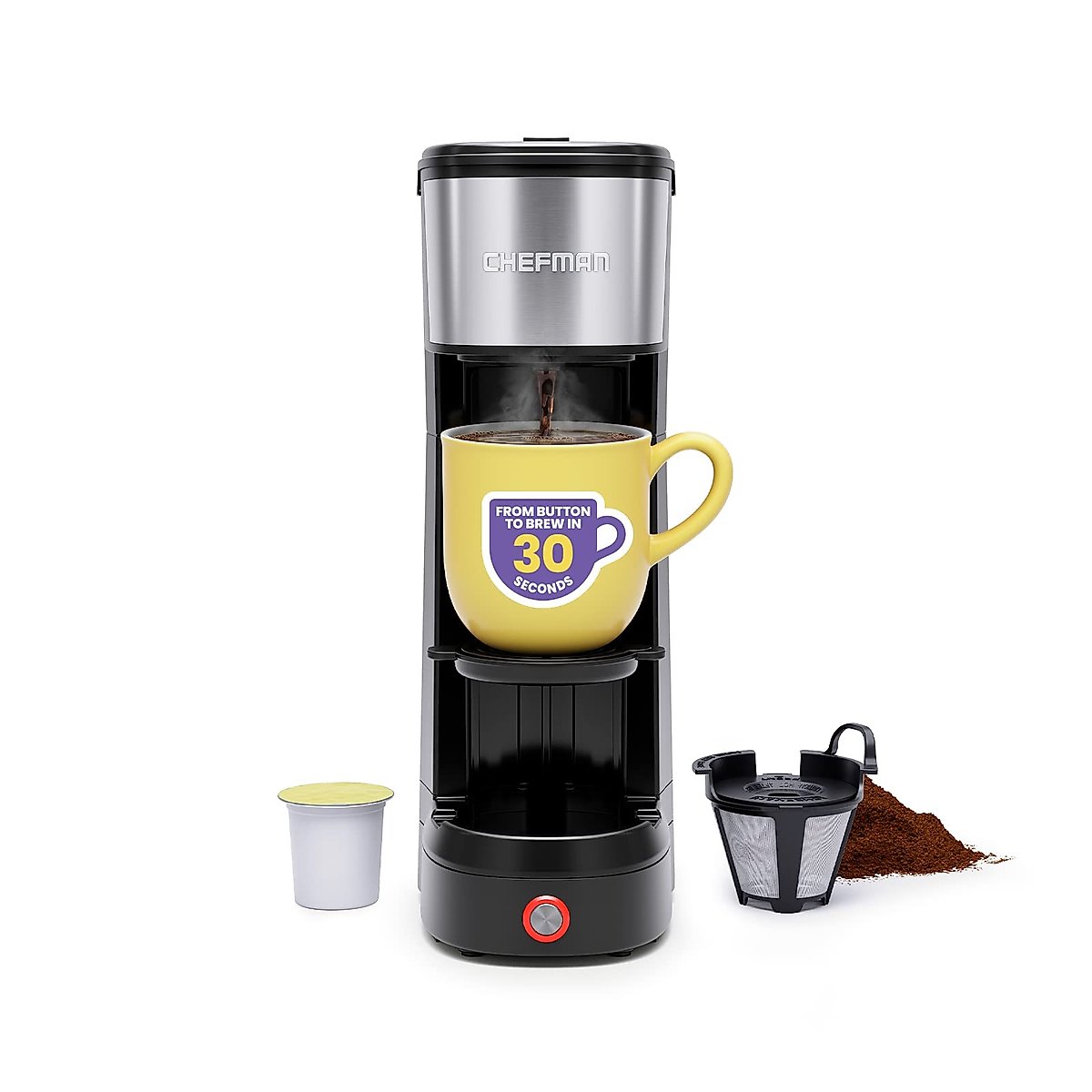 Chefman InstaCoffee Max, The Easiest Way to Brew the Boldest Single-Serve Coffee, Use Fresh And Flavorful Grounds or K-Cups With A Convenient Built-In Lift, Black/Stainless Steel